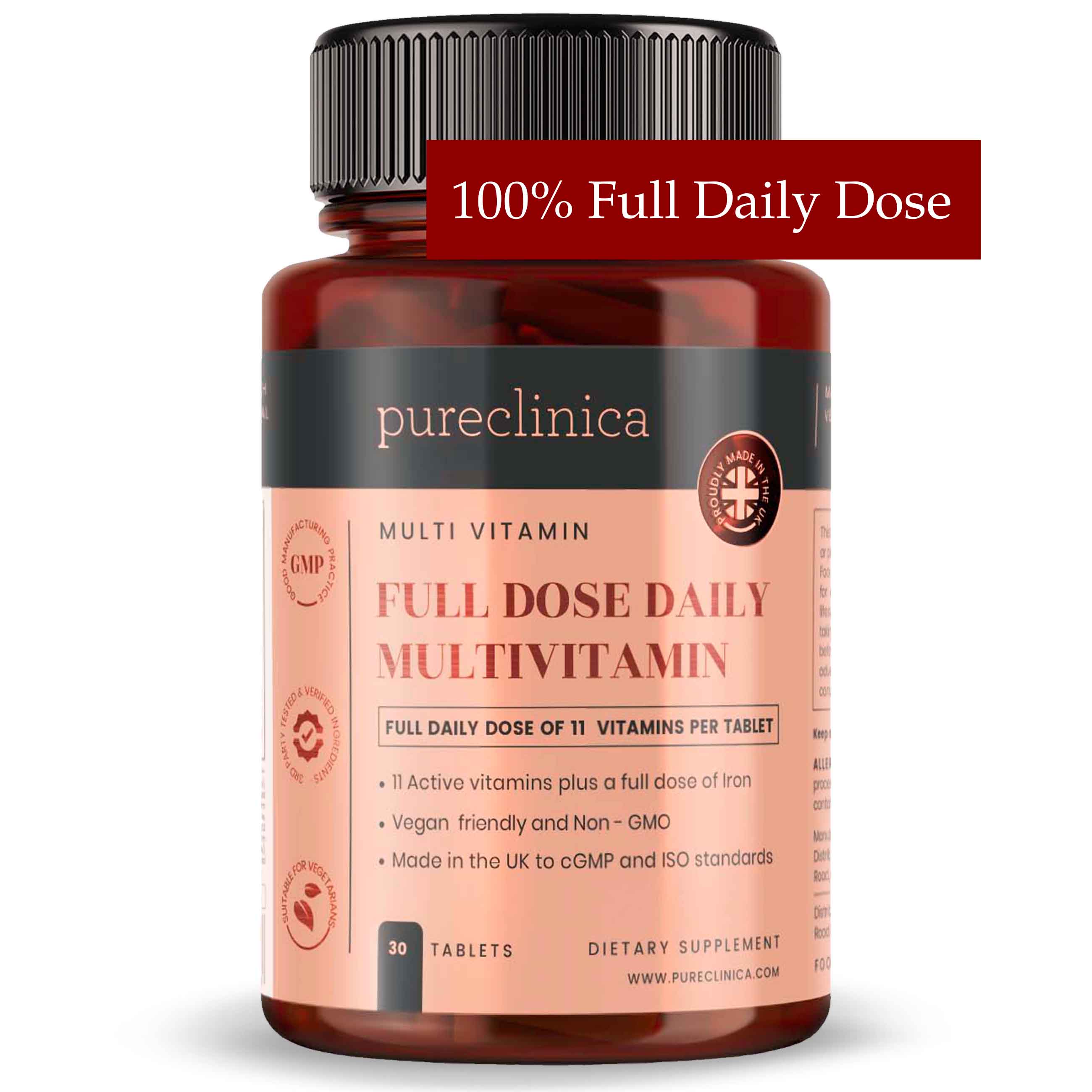 Full Dose Daily Multi-Vitamins - 11 essential vitamins + Iron. 30 tabl - pureclinica.com